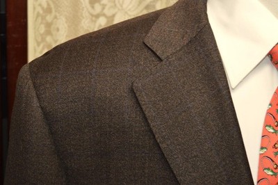 Samuelsohn 42 R Super 110s brown w/ subtle blue windowpane check sport ...