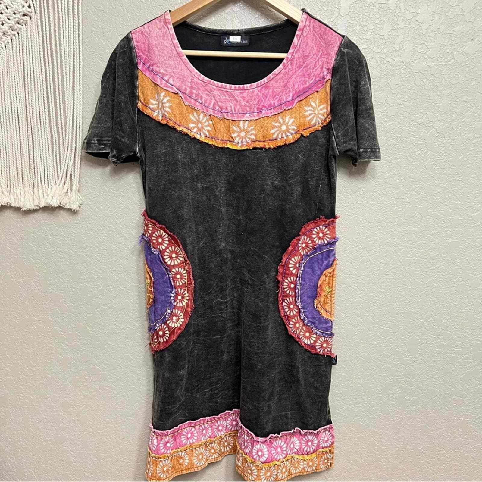 leopards and roses sz L patched boho Napoli dress short sleeves mini ...