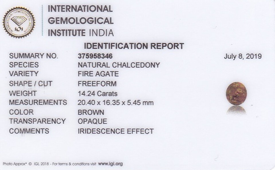 IGI Certified MEXICO Fire Agate 14.24 Cts Natural Untreated Brown Free ...