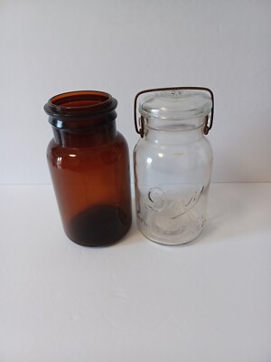 1 Vintage Drey Mason Jar Improved Ever Seal/1 Old Dark Amber Jar 1890s ...