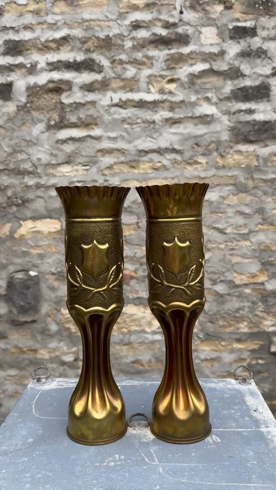 WW1 TRENCH ART SHELL CASE PAIR, EMBOSSED OLIVE BRANCHES & ALSACE 1918 ...