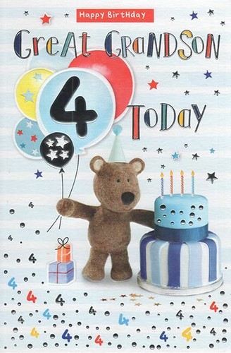Great Grandson 4th Birthday Card 4 Cake & Gifts Design Happy Lovely ...