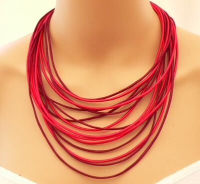 Kette Halskette Collier Statement Textil mehrreihig weinrot dunkelrot ...