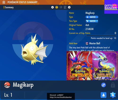 Pokemon Scarlet/Violet SHINY MAGIKARP Lv.1 ADAMANT 6IV w/ Masterball ...