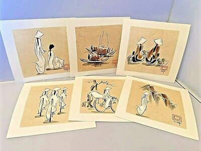 6 Asian Art Cards Hand Painted on Silk and Signed 5.25" x 5" Pre-owned ...