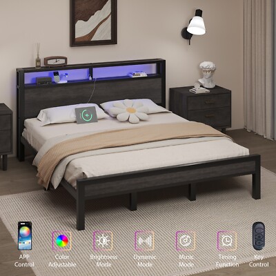 LED Light Bed Frame with 2-Tier Storage Headboard and Charging Station ...