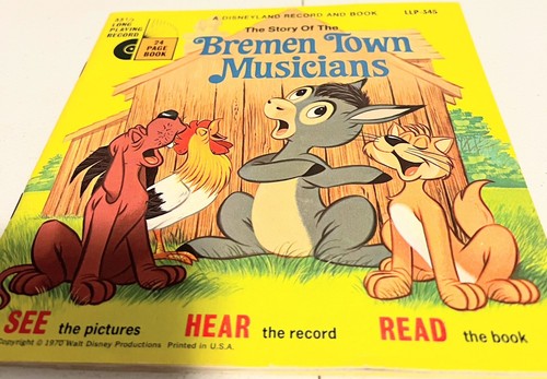 Bremen Town Musicians Walt Disney 24 Page Book & 33 1/3 RPM Record 1970 ...