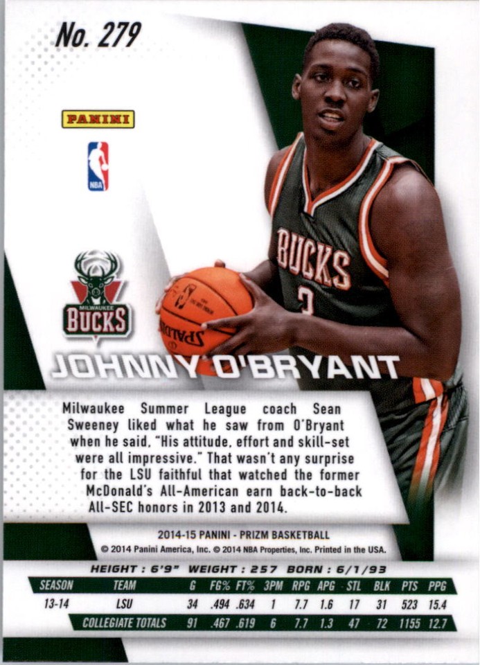 2014-15 Panini Prizm Milwaukee Bucks Basketball Card #279 Johnny O ...
