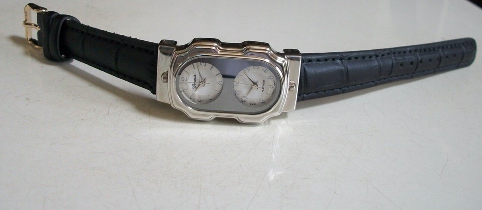 Men's silver trim 2 time zone dual time black leather band casual watch ...