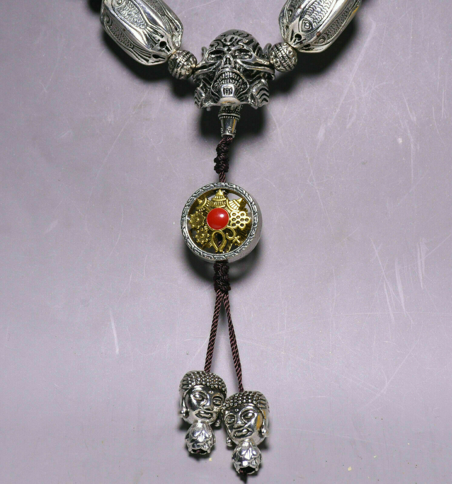 43CM Old Tibet Sliver inlay Gem Skull Head Marnyi Stone Lection Words ...