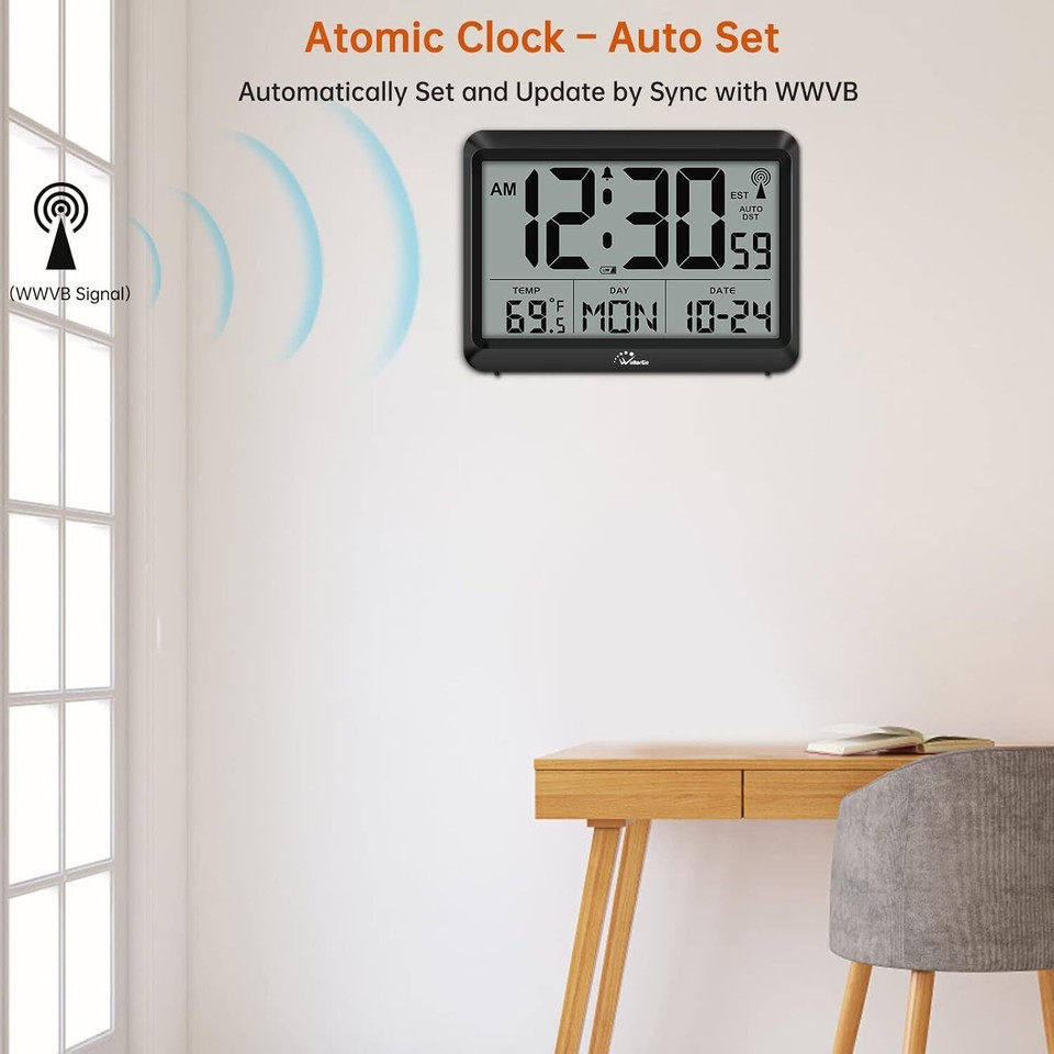 WallarGe Atomic Digital Wall Clock Battery Operated, Self-Setting ...