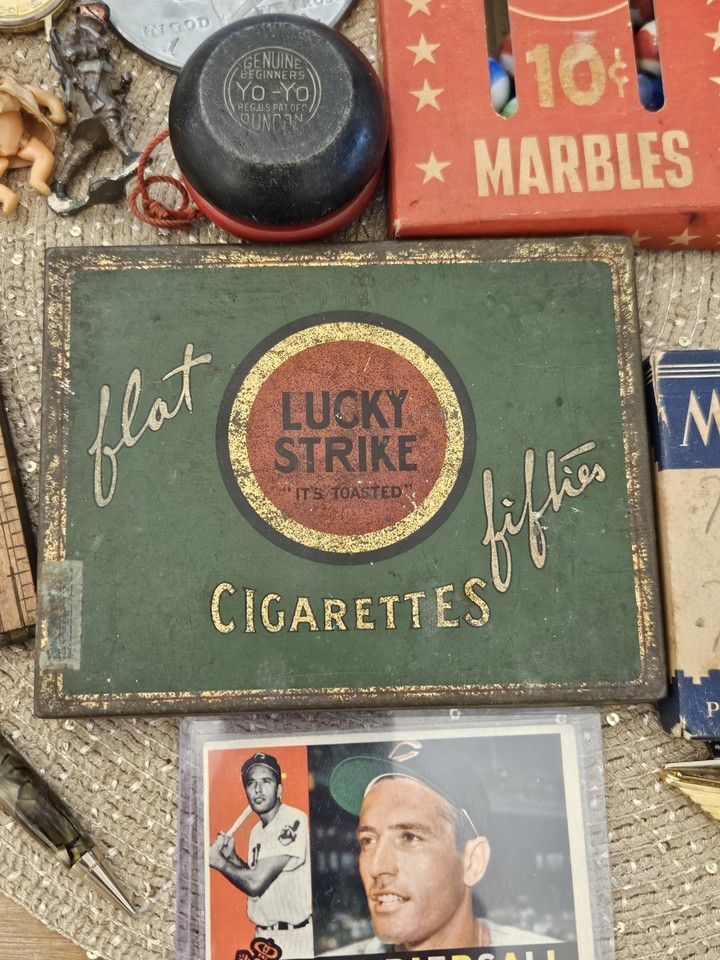 Vintage Estate Sale Lot Cigarette Tin, Baseball Cards, Compass, Pens ...