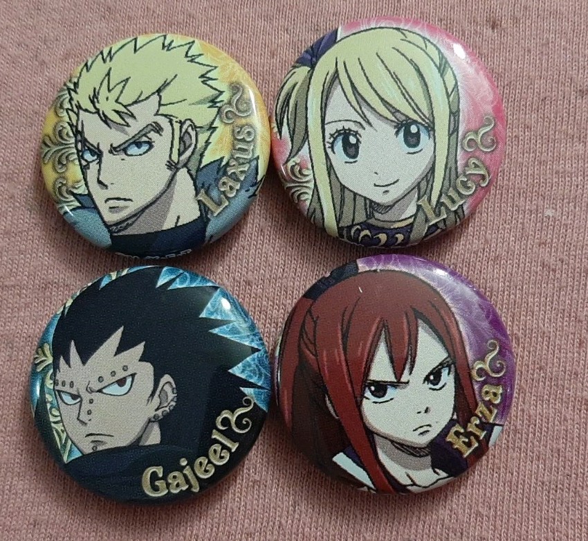 LOT of 4 Fairy Tail Anime Button Pin Pinback Lucy, Laxus, Gajeel, Erza ...