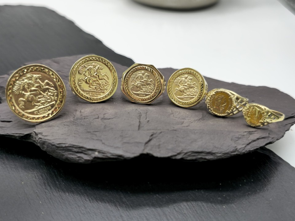 New Solid 9ct Yellow Gold Signet Full Sovereign Coin Ring size V ...