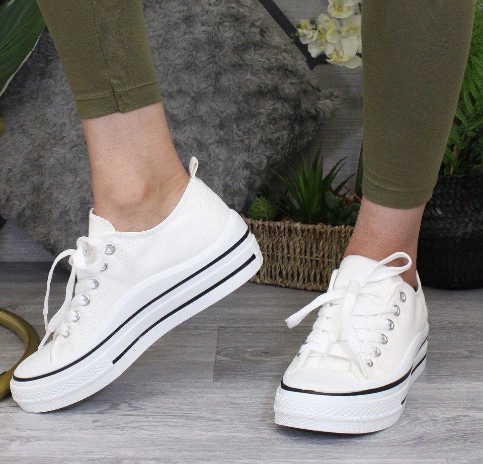 Ladies Canvas Trainers Platform Sneakers Plimsolls Lace Up Pumps Women ...