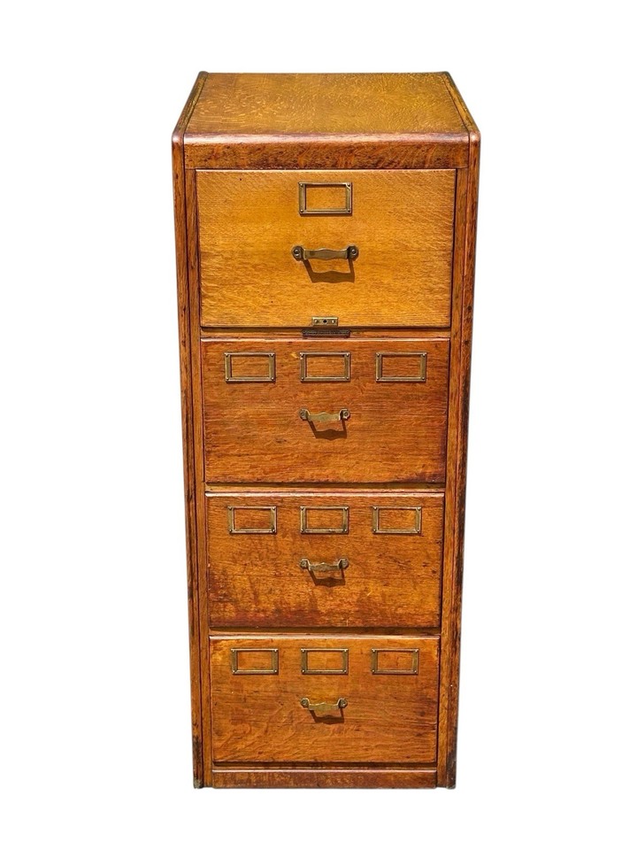 Antique Arts & Crafts Tiger Oak Four Drawer Office File Cabinet - Brass ...