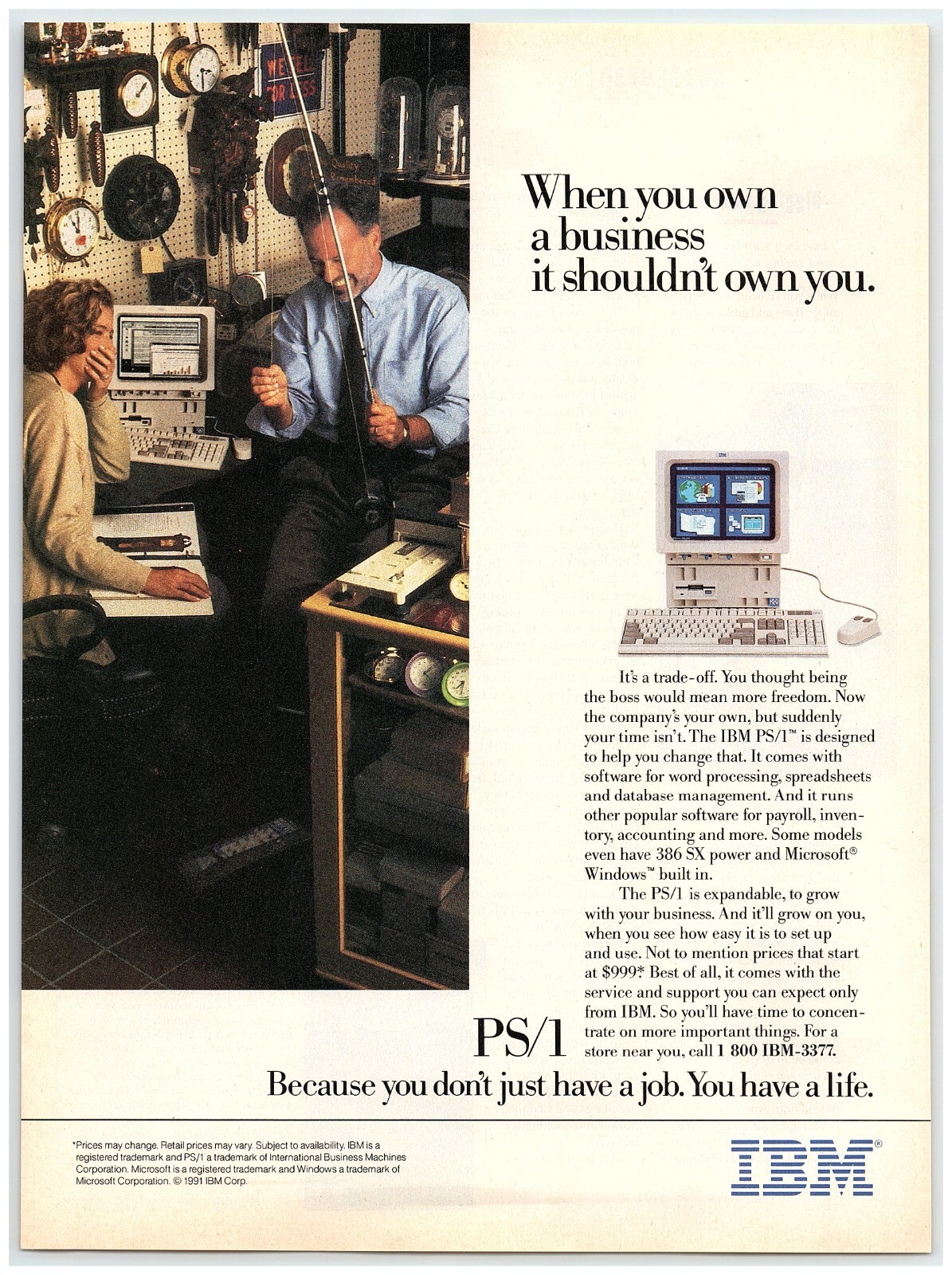 1992 IBM PS/1 Print Ad, Business Computer Fishing Pole Clock Store ...