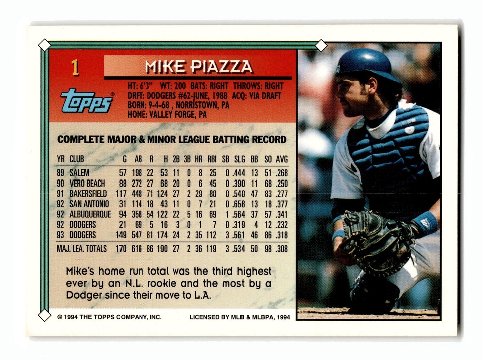 Mike Piazza 1994 Topps Rookie Gold Cup #1 HOF Los Angeles Dodgers Mint ...