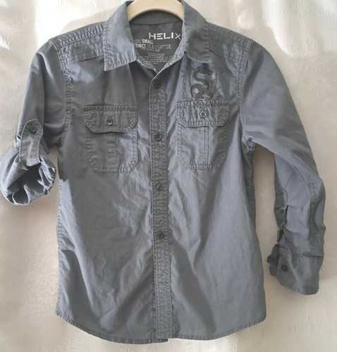 Helix Boy's Small Gray Graphic Roll Sleeve Button Down Shirt, Good ...