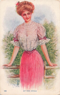 Archie Gunn Artist Postcard Woman in Pink and White At the Stile c1907 ...