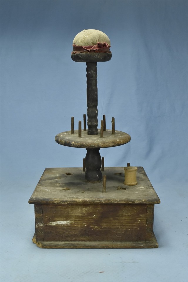 Antique VICTORIAN OAK THREAD SPOOL HOLDER with PINCUSHION on WOOD ...