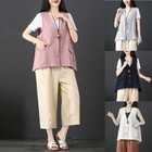 Womens Linen Vest Top Waistcoat Gilet V Neck Sleeveless Jacket Pocket ...