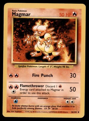 Pokemon Card Magmar Base Set 36/102 EXCELLENT Non-Holo Uncommon TCG ...