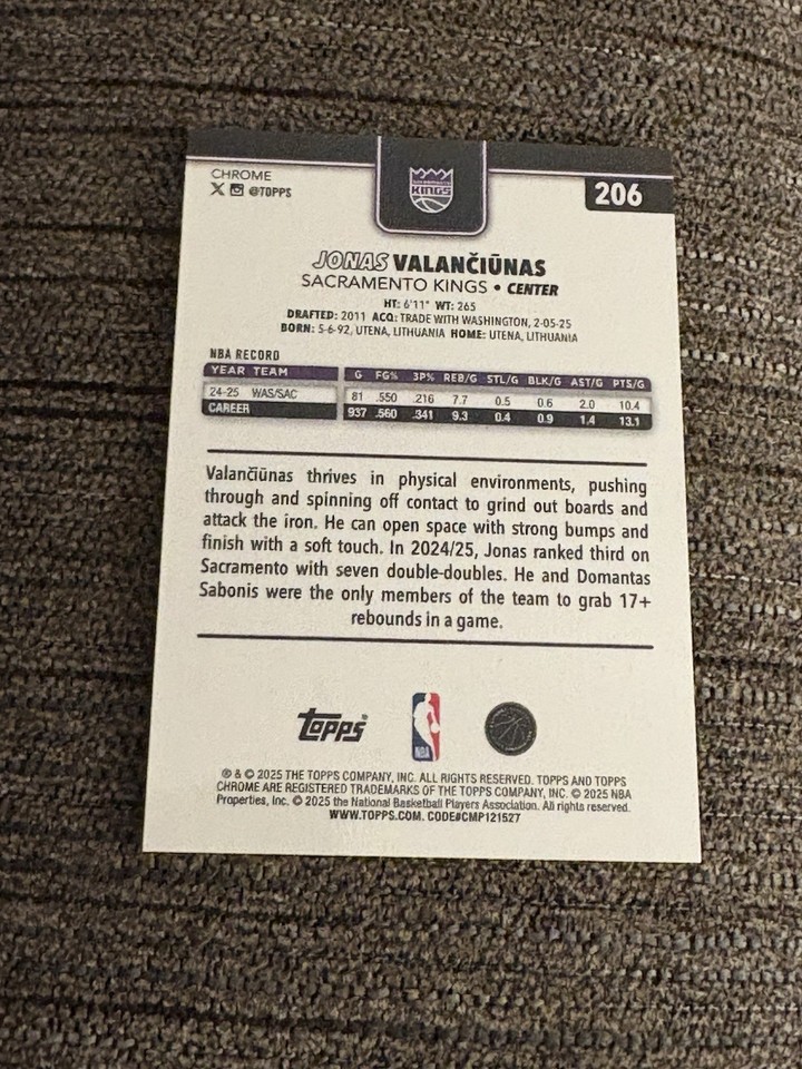 Jonas Valanciunas 2025-26 Topps Chrome /5 Red Pulsar Refractor #206 | eBay