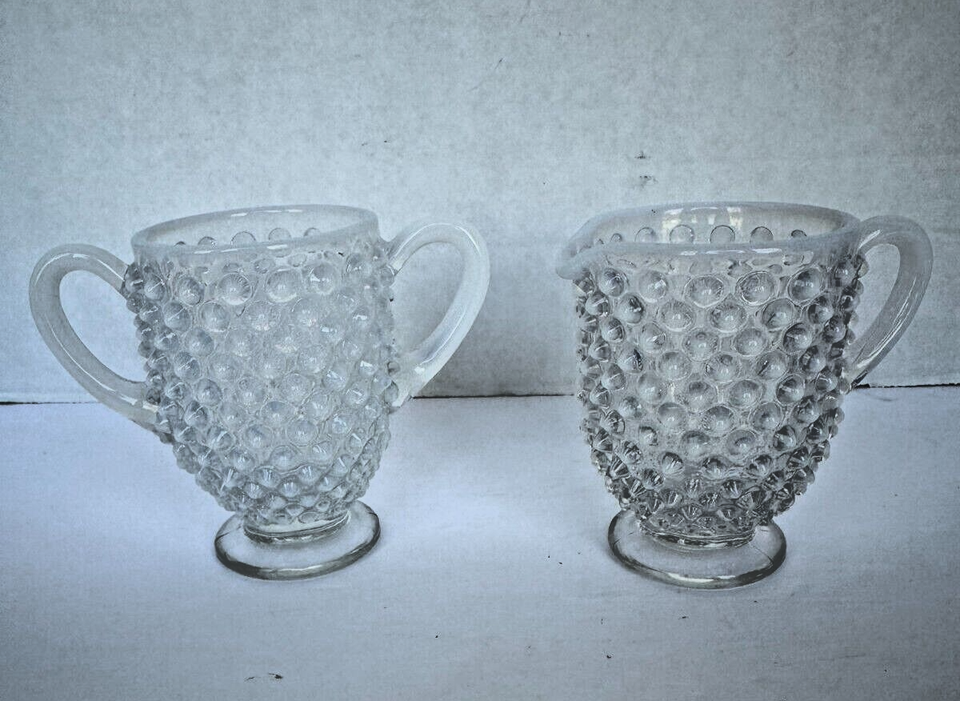 4 Pc Fenton Moonstone Opalescent Hobnail Sugar Creamer Bon Bon, Ruffle ...