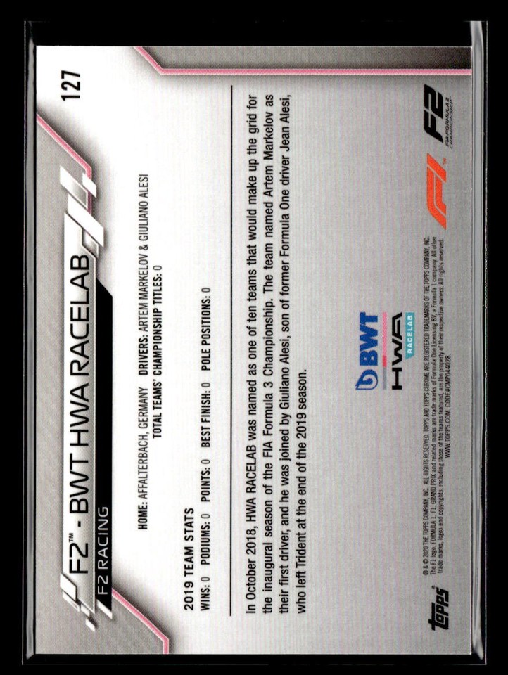 F2 - BWT HWA Racelab 2020 Topps Chrome Formula 1 #127 | eBay