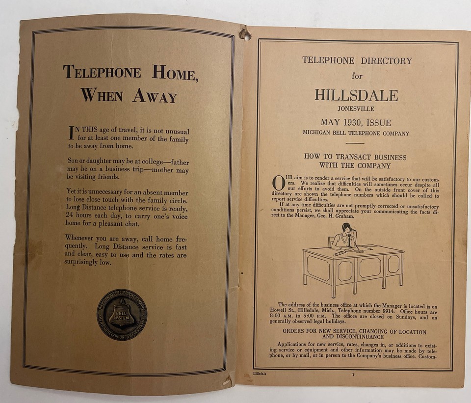 1930 Hillsdale - Jonesville , MI Telephone Directory Michigan Bell ...
