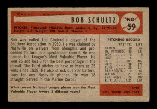 1954 Bowman #59 Bob Schultz VG/VGEX X2799123 | eBay