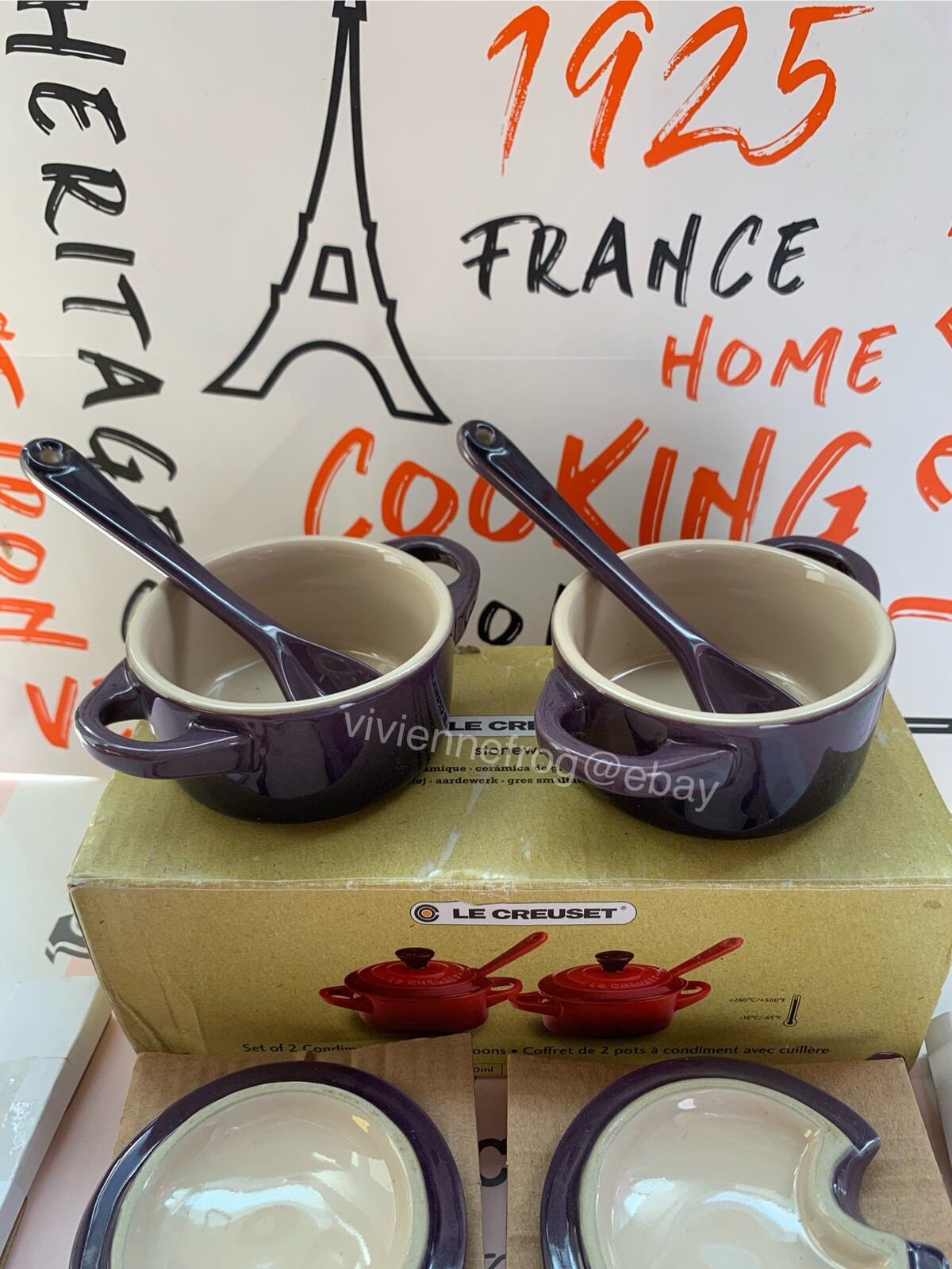 LE CREUSET CASSIS PURPLE MINI CONDIMENT POTS W/SPOONS SET of 2 ...