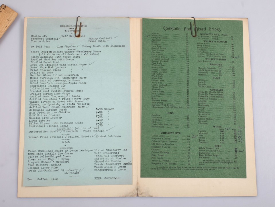 Vintage 1938 Pabst Blue Ribbon Restaurant Menu Old Farms Inn Avon ...