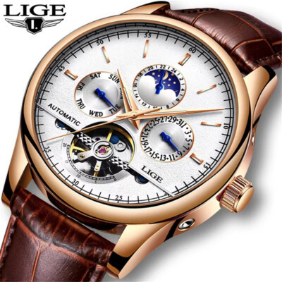 LIGE Men Brand Mechanical Automatic Leather Wristwatch Male Tourbillon ...