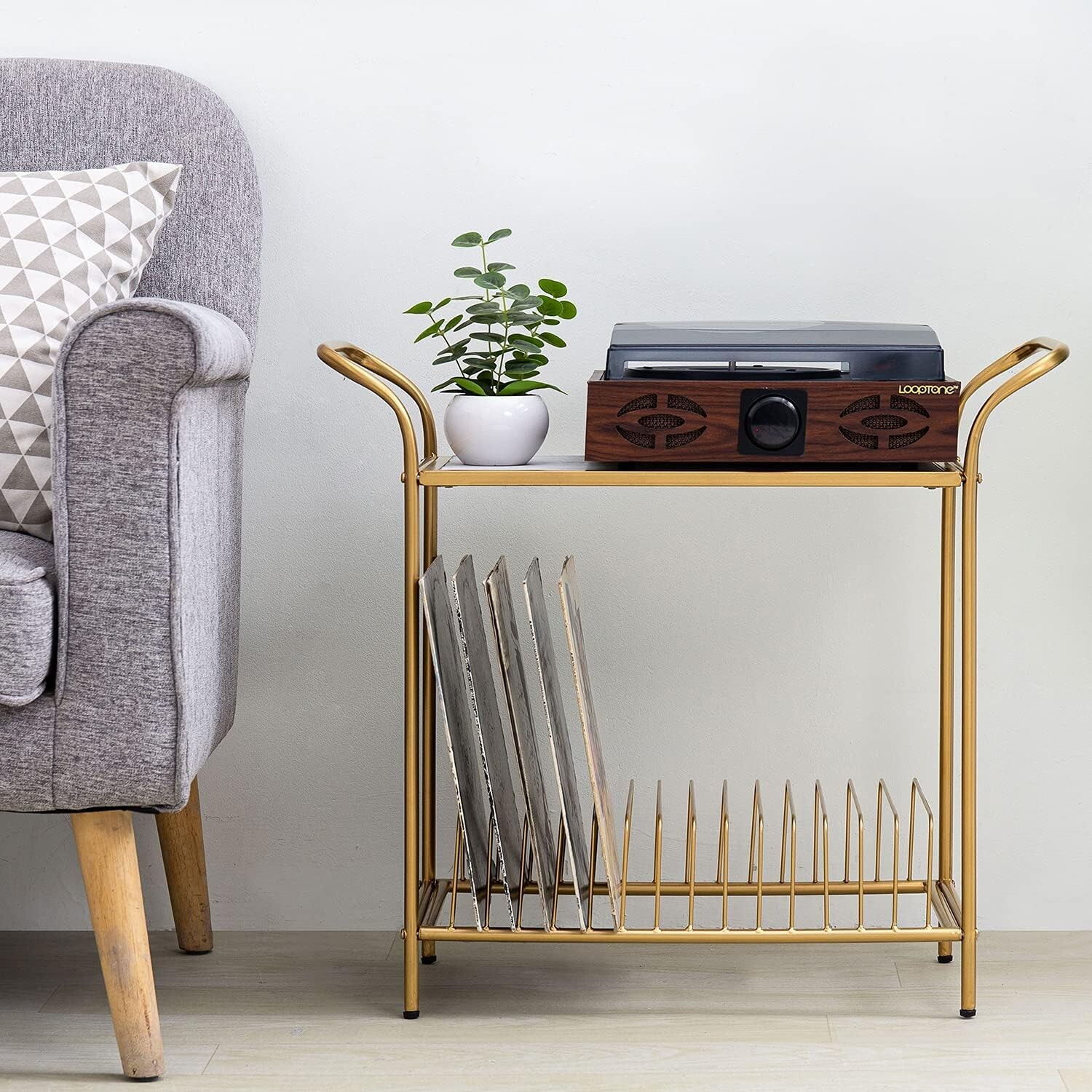 Freestanding Brass Metal Record Player Stand and LP Vinyl Album Storage ...