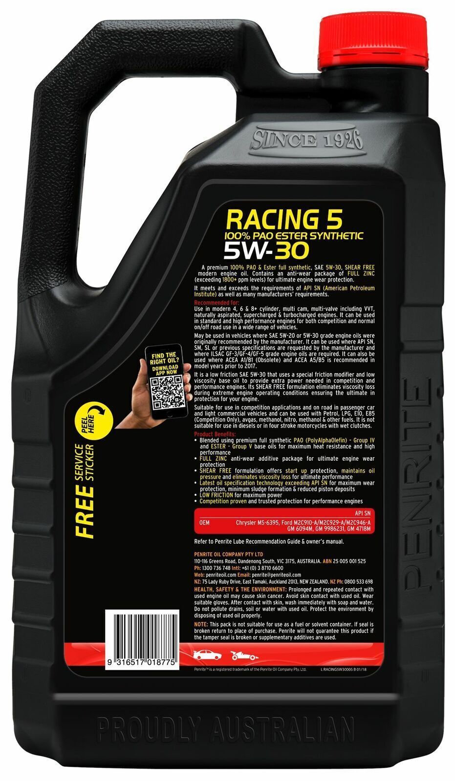 Penrite 10 Tenths Racing 5 5W-30 Engine Oil full zinc 100% PAO 5L ...