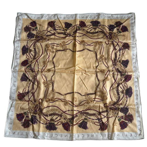CELINE Silk Yellow Scarf Handkerchief Elegant Tassel Chain Design Women ...
