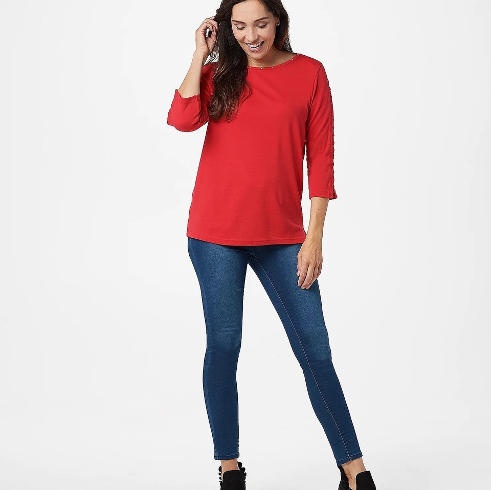 Quacker Factory Size 1X White 3/4-Sleeve Top with Lace and Rhinestone ...