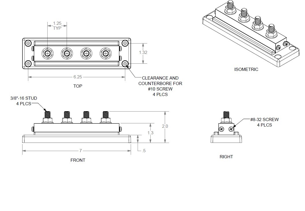 Blue Sea 2104 Power Bar Bus 600 A Amp 4 x 3/8" (10mm) Stud Terminal ...