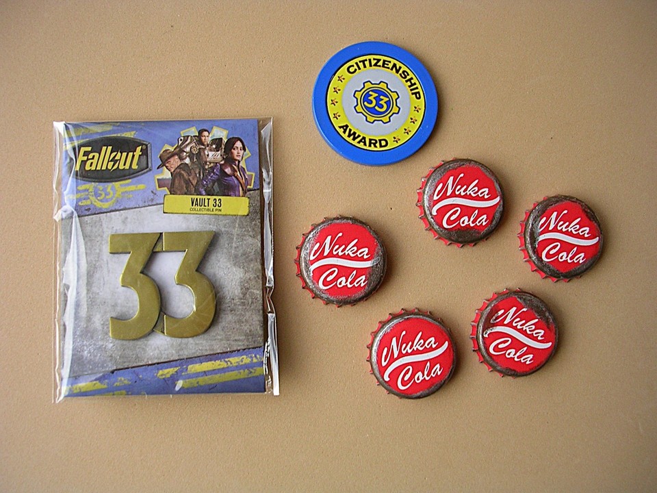 Fallout Vault 33 Bundle Stash Tin Nuka Cola Caps Pin Award Token | eBay
