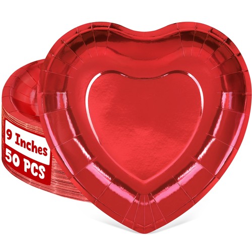 50 PCS Valentines Plates, 9 IN Red Heart Plates, Disposable Foil Layer ...