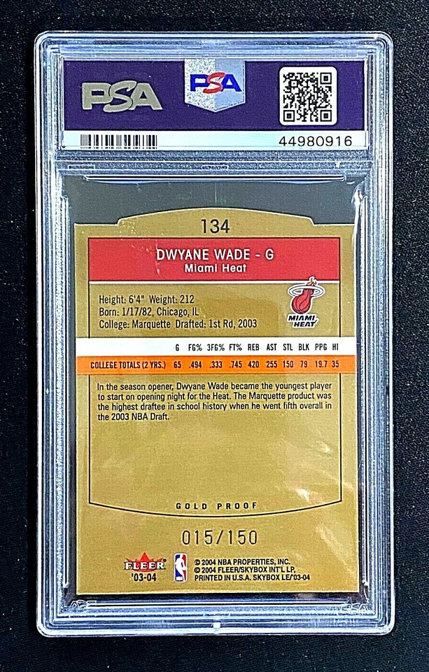 GOLD PROOF /150 PSA 8 DWYANE WADE 2003/04 SKYBOX LE #134 RC ROOKIE DIE ...