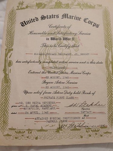 1945 Marine Corps Honorable Discharge Certificate WWII U.S.M.C. | eBay