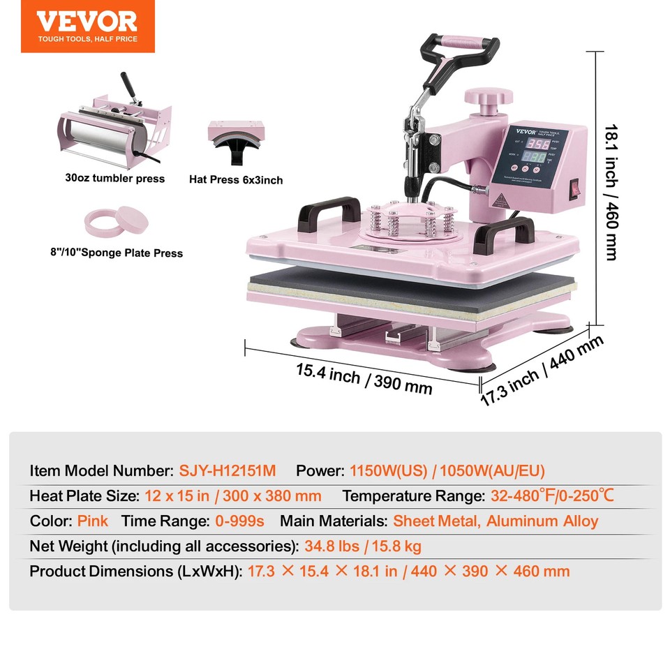 Heat Press Machine 12x15inch 8 in1 Heat Transfer Machine 360° Swing ...