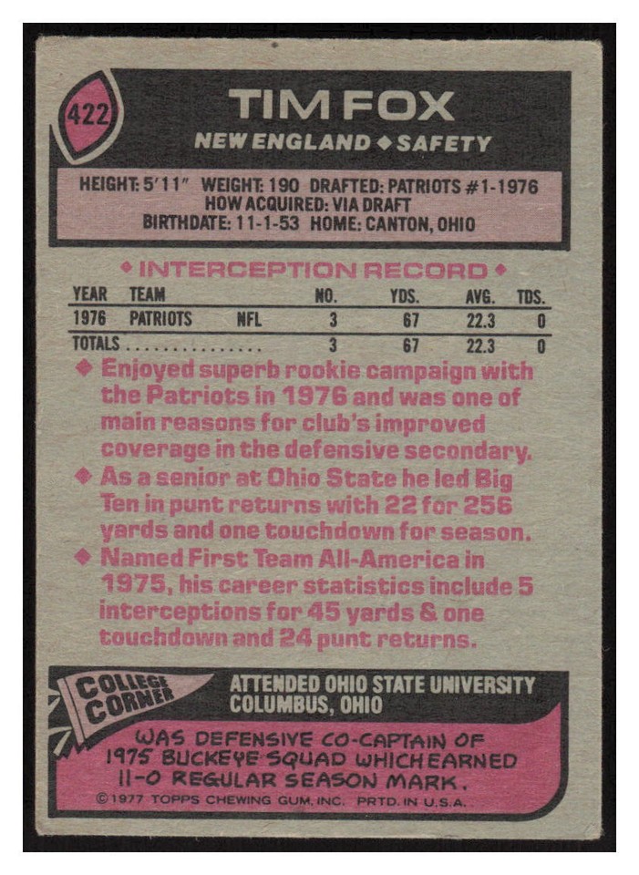 1977 Topps #422 Tim Fox - New England Patriots | eBay