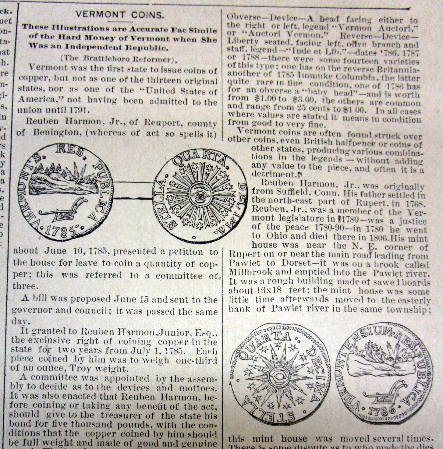 1891 newspaper w Numismatics EARLY VERMONT COINS w ENGRAVINGS & long ...