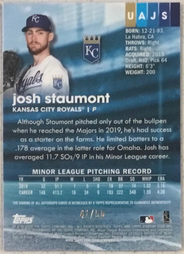 2020 Topps Stadium Club Blue Foil AUTO SP #281 Josh Staumont #d /50 ...