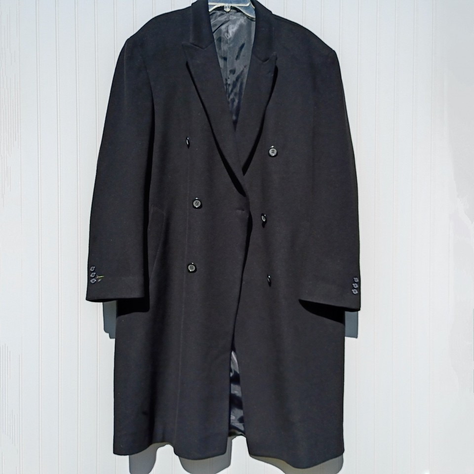 CHAPS Ralph Lauren Long Winter Coat Mens 48R Black Wool Cashmere Double ...