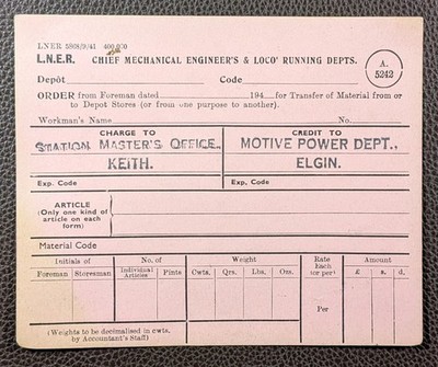 1941 LNER Elgin Motive Power Dept to Keith Station Material Transfer ...